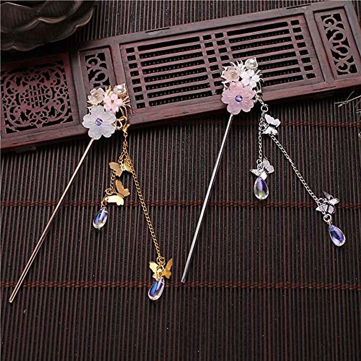 BEMEI Rhinestone Pearl Flower Hair Stick,Crystal Pearl Hair Sticks,Butterfly Tassel Flower,Hairpin Chignon Pin Chopsticks Hair Styling Accessories(F)