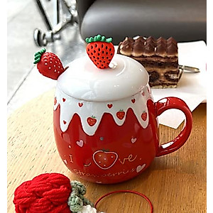 Mozacona Ceramic Mug Strawberry Love Coffee Cup Water Cup with Strawberry Lid and Spoon