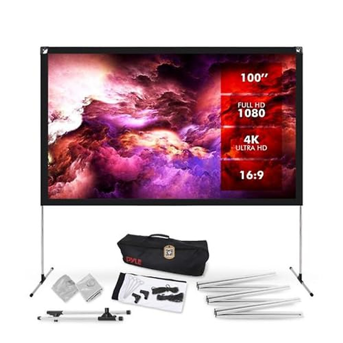 Pyle Projector Screen with Stand - 100" 16:9 HD 4K Portable Lightweight Freestanding Foldable Indoor Outdoor Movie Projection Display with Frame for Home Theater