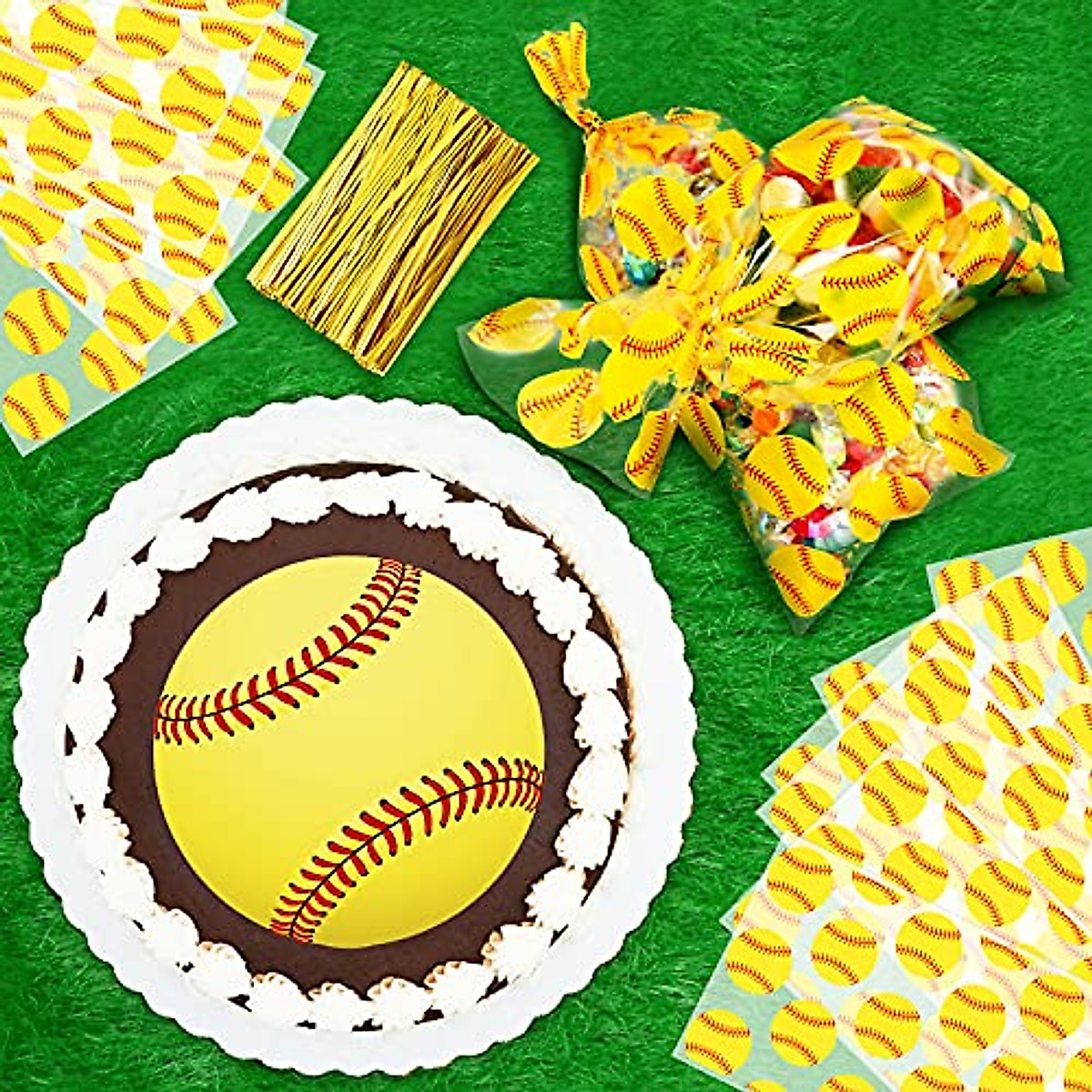 Outus 100 Pieces Softball Party Cello Bags Cellophane Softball Treat Bags Softball Goody Gift Treat Bags with 200 Gold Twist Ties for Birthday Favors Party Supply Bags Goody Favor Bags (Transparent)