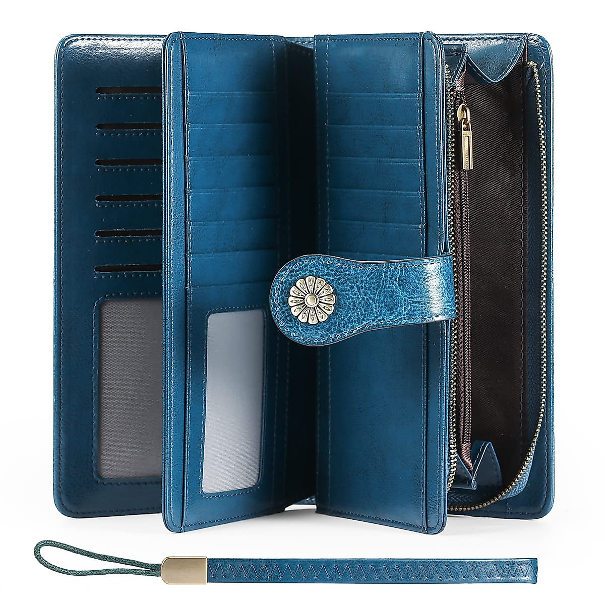 MANBANG Wallets for Women Leather Credit Card Holder with RFID Blocking Large Capacity Wristlet (Blue)