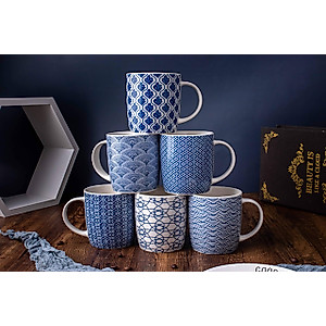 MACHUMA Set of 6 11.5 oz Coffee Mugs with Blue and White Geometric Patterns, Ceramic Tea Cup Set