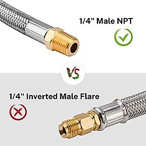 DFuerdivn 1/4 NPT RV Propane Hose with Gauge, 12 Inch Stainless Braided LP Hose for Standard Two-Stage Regulator, 40Lb 250PSI,Male 1/4 NPT /QCC1 Fittings - Pack of 2