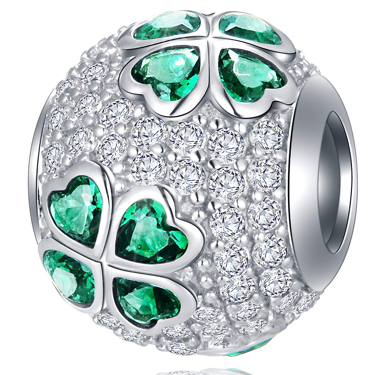 Sparkling Irish Four Leaf Clover Charms fits Pandora Ireland St Patricks Day Bracelet - Pave Green Hearts Shamrock CZ Ball Beads in 925 Sterling Silver, Gifts for Mother/Valentines Day