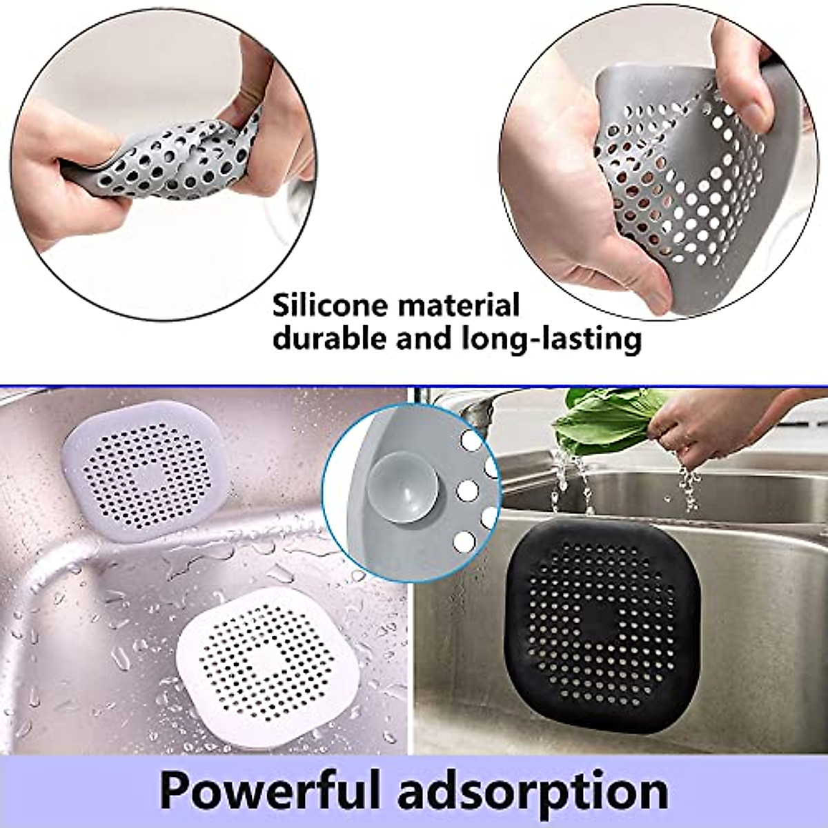 3 Pack Drain Cover Hair Catcher Pad, Silicone Tube Trap Shower with Sucker for Bathroom Kitchen, 5.5" Flat Square Rubber Strainer Plug Filter Bathtub Sink Home Drain Protectors, Black