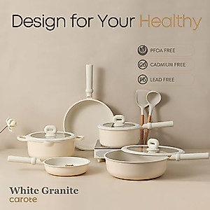 CAROTE Pots and Pans Set Nonstick Cookware Sets 10 Pcs Induction Cooking Set Dishwasher Safe Cookware w/Frying Pans & Saucepans PFOS PFOA Free(Cream Granite)