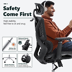 Ergonomic Office Chair, High Back Mesh Executive Chair with Lumbar Support, Adjustable Seat Depth, 3D Armrest & Headrest, Comfy Computer Desk Chair with Metal Base, for Gaming, Hotel, Black