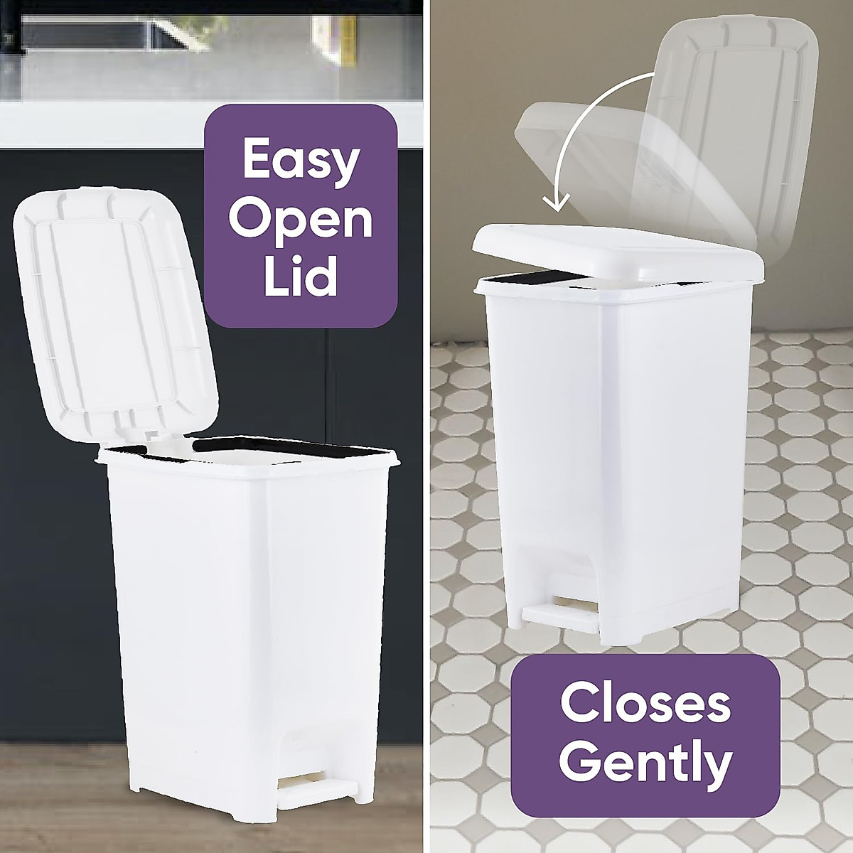 Superio 10.5 Gal Slim Step On Pedal Plastic Trash Can, Waste Bin for Under Desk, Office, Bedroom, Bathroom- 42 Qt White