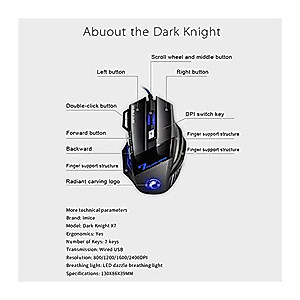JIE. 7 Key Wired Mouse Color RGB Breathing lamp E-Sports no Sound Game Mouse Suitable for PC/Laptop Desktop Compatible with Vista / Windows7, 8, 10 / Mac (Color : Black)