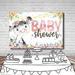 MEHOFOTO Pink Cow Baby Shower Party Photo Studio Booth Background Props Farm Animal Floral Girl Baby Shower Party Decoration Banner Backdrops for Photography 7x5ft