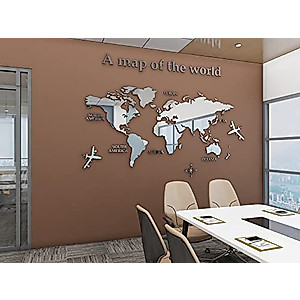 WINDIR 3D World Map Wall Stickers Decor Murals DIY Decal Silver 71x40 inch, Acrylic Office Wall Art Decor Bedroom Living Room TV Wall (Silver: 180x100 cm)