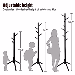 YEVONNIE Solid Wood Coat Rack, Free Standing Coat Rack, Tree-Shaped Coat Rack with 8 Hooks,3 Adjustable Size,for Clothes, Hats, Bags, for Living Room, Bedroom, Home Office,(6183black)