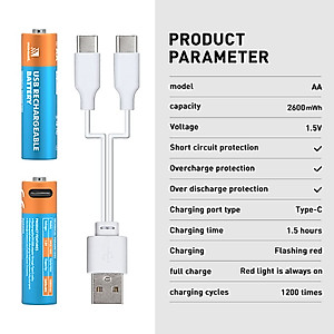 Rechargeable AA Batteries Lithium - 8 Pack 2600mWh 1.5V Hi Capacity USB Rechargeable Lithium Ion Double AA Size Battery with Charge Cable Fast Full Charging in 1.5 Hours CE FCC Listed