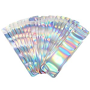 LZLPACKING 100 Pieces Storage Bags Holographic Packaging Bags, Storage Bag for Food Storage, Clear Front with Aluminum Foil Back，Resealable Ziplock and Heat Sealable for Food Storage (9 x 2.4 Inches)