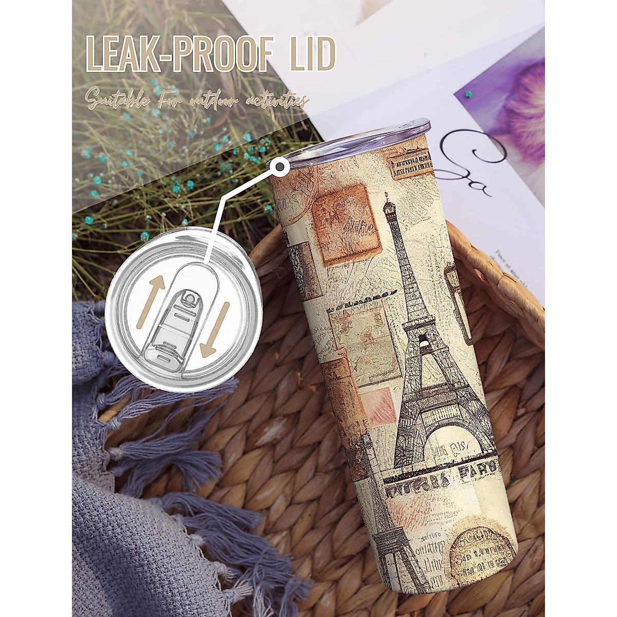 Onebttl Paris Gifts for Women, Insulated Stainless Steel Wine Tumbler with Lid and Straw, Vintage Cup, 20 oz