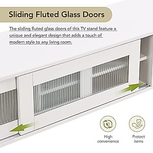 PONNYC TV Stand for TVs up to 75",Modern TV Cabinet with Sliding Fluted Glass Doors and Slanted Drawers,Media Entertainment Center Console Table Coffee Tables Credenza for Living Room Bedroom,White B