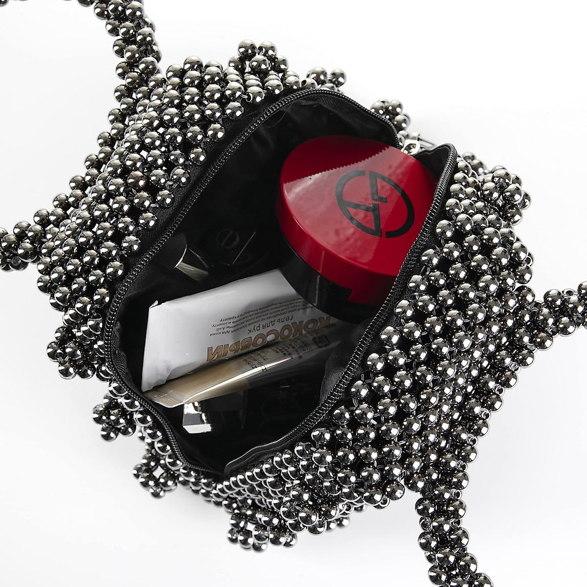 YUSHINY Women Acrylic Beaded Ladder Evening HandBag Box with Zipper Closure for Wedding Party (Black)