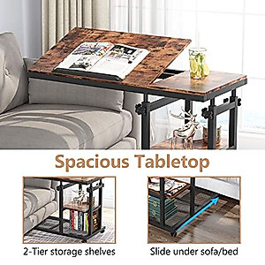 Tribesigns Height Adjustable C Table with Wheels, Mobile Couch Snack Side Table with Tiltable Drawing Board, Sofa Bedside Laptop Stand C Shaped TV Tray with Storage Shelves (Brown)