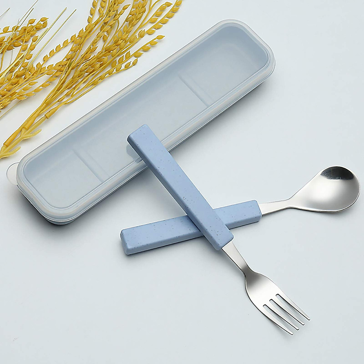 VANRA 2-Piece Children Flatware Set 18/10 Stainless Steel Child Tableware Set Silver Cutlery Set Silverware Dinner Utensils Spoon Fork Set with Travel Case for Kids (Chrome Finished) (Blue)