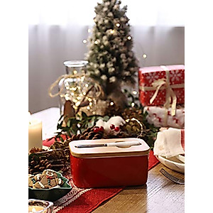 Sweese 324.104 Large Butter Dish with Knife - Airtight Butter Keeper Holds Up to 2 Sticks of Butter - Porcelain Container with Beech Wooden Lid, Red