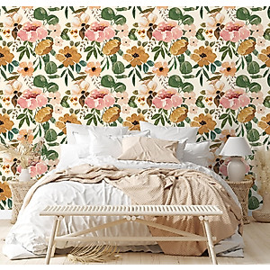 HAOKHOME Vintage Boho Floral Peel and Stick Wallpaper Peonies Removable Rose Beige/Pink/Oliva Vinyl Self Adhesive Contact Paper 17.7in x 9.8ft