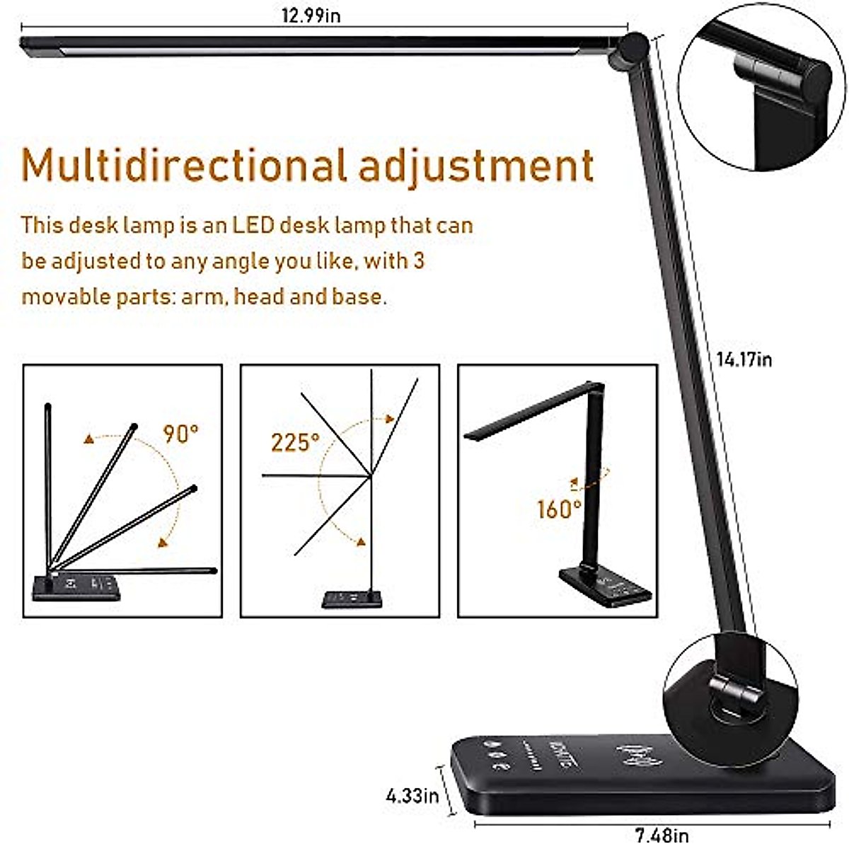 mchatte LED Desk Lamp with Wireless Charger, USB Charging Port, Dimmable Eye-Caring Desk Light with 5 Brightness Levels & 5 Lighting Modes, Touch Control, Auto Timer (Black)