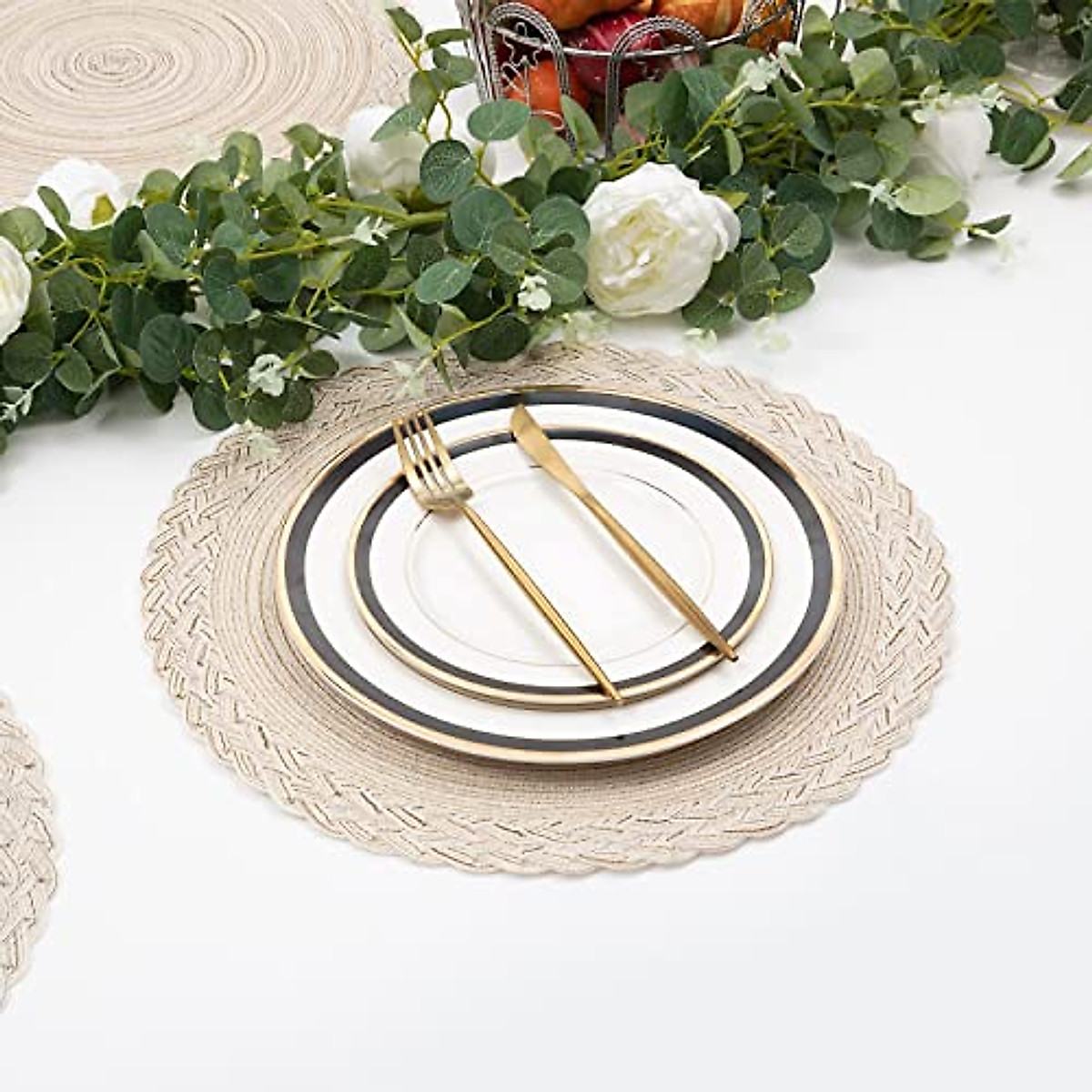 SHACOS Round Placemats Set of 6 Woven Round Table Mats 15 inch Braided Border Washable Cotton Polyester Circle Place Mats, Ivory