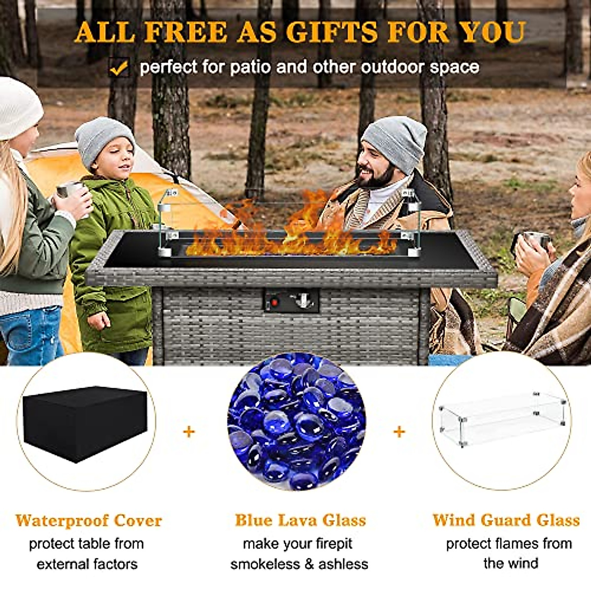 LayinSun 44" Propane Gas Fire Pit Table, 55000 BTU Rectangular Fire Pit with Glass Wind Guard for Outside Patio Deck Garden Backyard