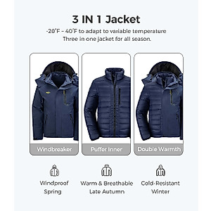 wantdo Men's Windproof Winter Coat Hoodie Puffer Jacket Quilted 3 in 1 jacket Navy XL