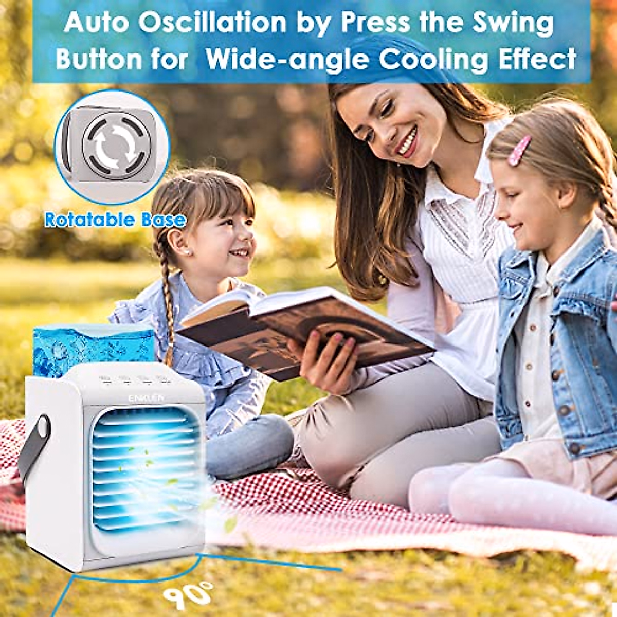 Portable Air Conditioner, 90° Oscillating Portable AC, Battery powered cordless Personal Air Cooler, Quick Cool, Suitable for Tent, Camping, Bedside, Car, Office & Study