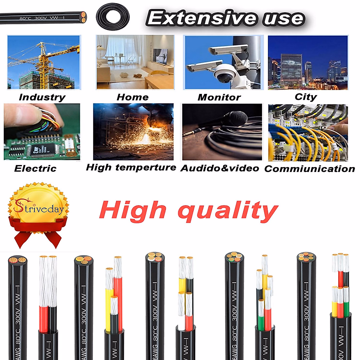 22 Gauge Wire, 5-Conductor Electrical Wire. 22 AWG Stranded Flexible PVC Tinned Copper 22/5 Cord Extension Cable is Used for LED Lamp Lighting, Automotive, Speaker, Audio, Power, etc. (33FT - 10M).