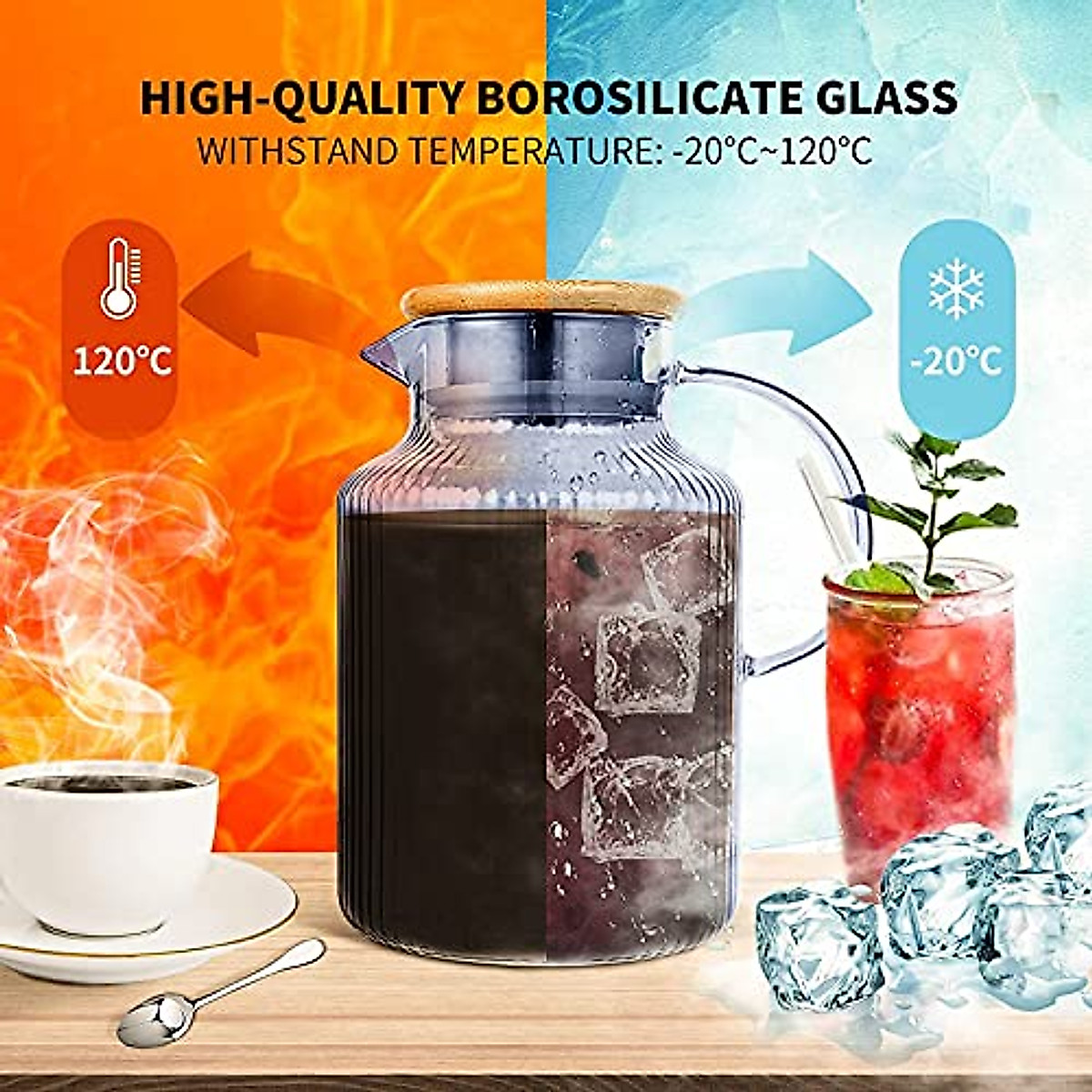 LUCKY-GO Glass Pitcher with Filter Lid, Spout and Handle, 61 Ounces Heat Resistant Borosilicate Glass Water Pitcher, Glass Carafe with Brush for Hot Cold Water, Milk, Iced Tea, Juice, Beverage, Gray