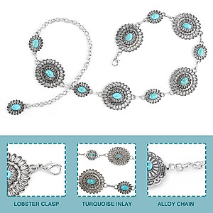 Navoky Turquoise Chain Belts Concho Belt Silver Metal Western Waist Chain Retro Boho Cowgirl Outfit Accessories for women (F, Small)