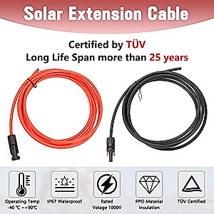PRECIHW Solar Panel Extension Cable, 10AWG (6mm²) Solar Extension Cable Wire (10FT Red + 10FT Black), PV Extension Cable Wire