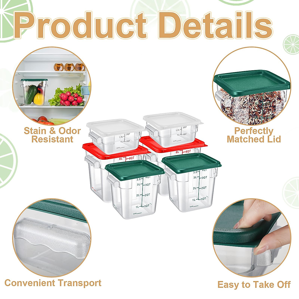 Tioncy Food Storage Container with Lids Set 2 Qt 4 Qt 6 Qt Square Clear Commercial Containers with Scales Handles for Home Restaurant Kitchen Food Storage, Proof Dough, Marinating Meat (3 Pcs)