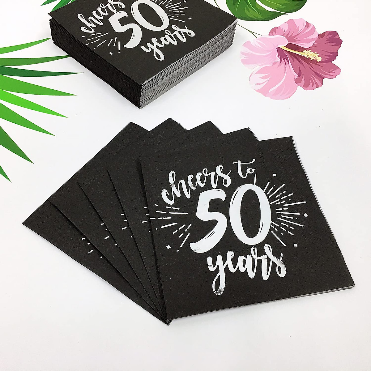 50Pieces Silver50th Birthday Celebration Party Decorative NapkinBlack50th Birthday Decorative Men's and Women's Party Supplies Cocktail Napkins in a black, Cheers to 50 Years