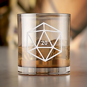 D20 Dnd Dice Round Rocks Glass - Dnd Glass, Dnd Gift, Dungeons, Dragons, Whiskey Glass
