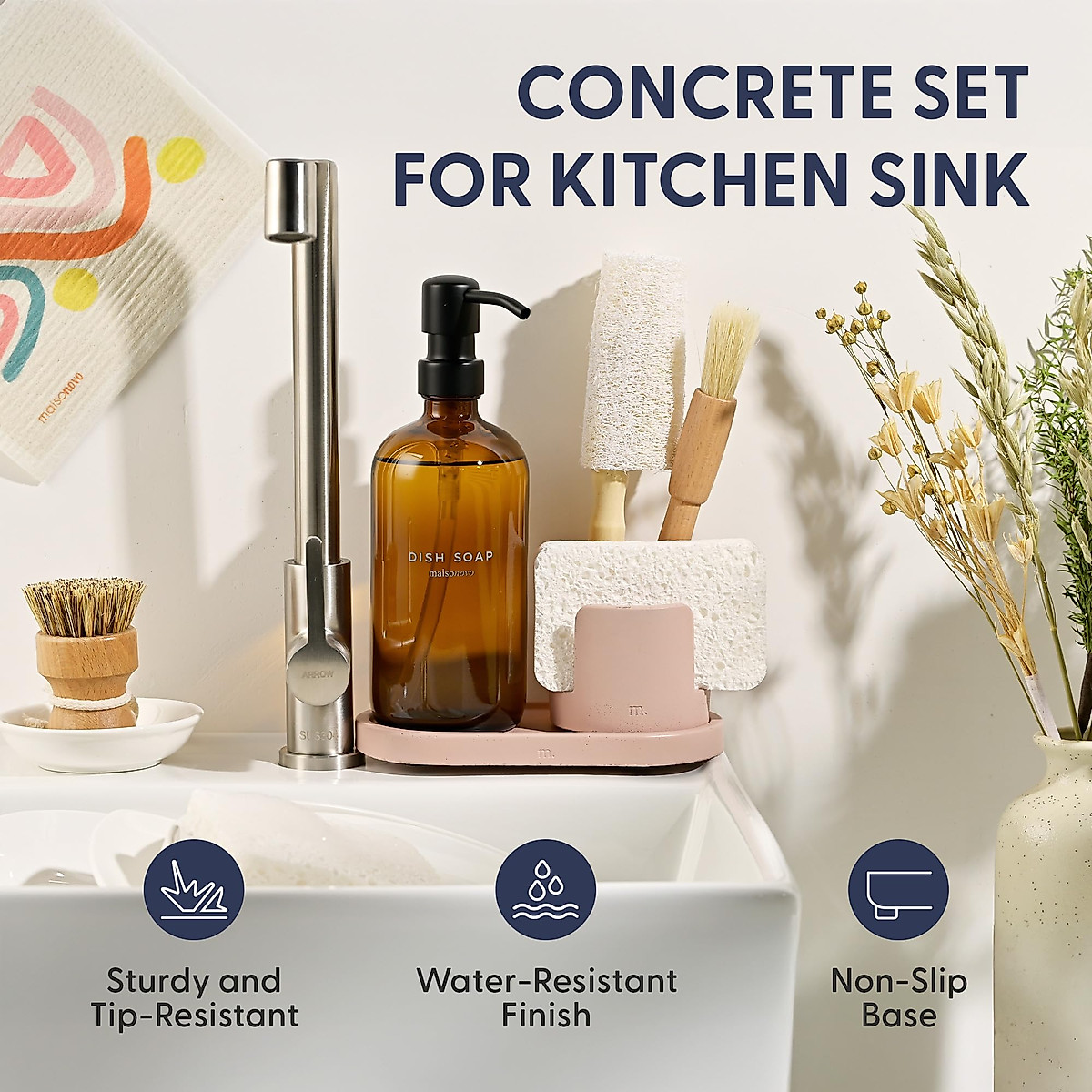 MaisoNovo Concrete Sink Sponge Holder - Kitchen Sponge Holder for Sink, Concrete Sponge and Brush Holder, Soap Dispenser, Pink Concrete Holder with Pink Oval Tray and Amber Bottle Black Pump