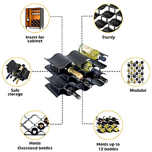Bariboo Wave Wine Bottle Holder - Wine Rack Inserts for Cabinet That Fits 12 Bottles, Premium Plastic Countertop Wine Rack (Black, L)