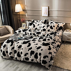 Fan Duvet Cover Set King Black and White Cow Patterned Flannel Velvet Warm Fluffly Bedding Sets with Zipper Closure Winter Quilt Comforter Cover and 2 Pillow Shams