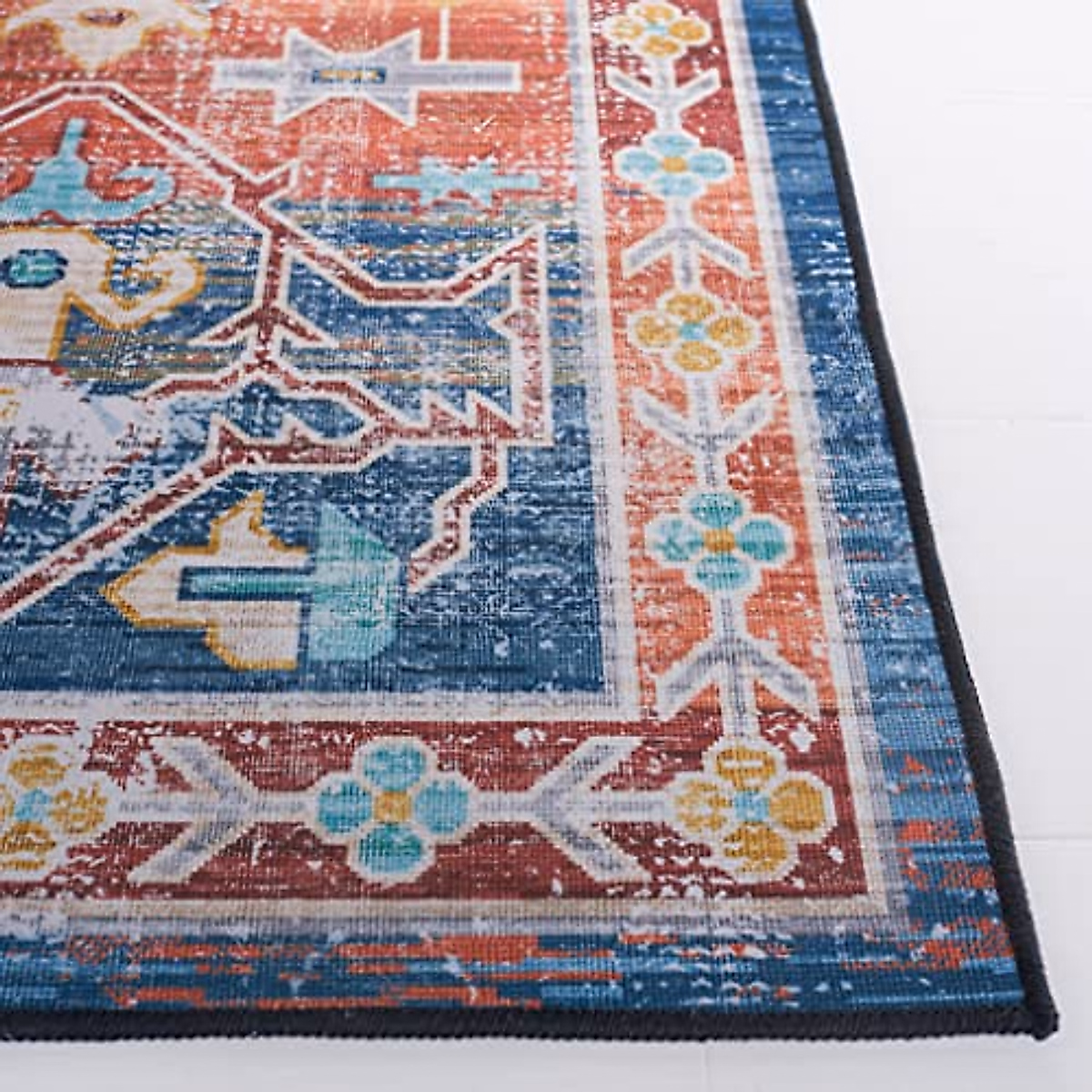 SAFAVIEH Tucson Collection Area Rug - 8' x 10', Blue & Rust, Persian Medallion Design, Non-Shedding Machine Washable & Slip Resistant Ideal for High Traffic Areas in Living Room, Bedroom (TSN116M)