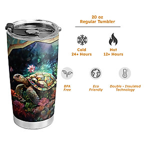20oz Stained Glass Flower Sea Turtle Tumbler, Gifts for Turtle Lovers, Ocean, Beach Gifts, Coffee Thermos for Women, Stainless Steel Double Wall Vacuum Insulated Coffee Mug, Travel Cup with Lid