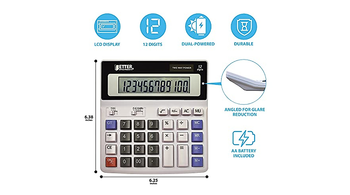 Extra Large 12-Digit Desktop Calculator - Angled LCD Display