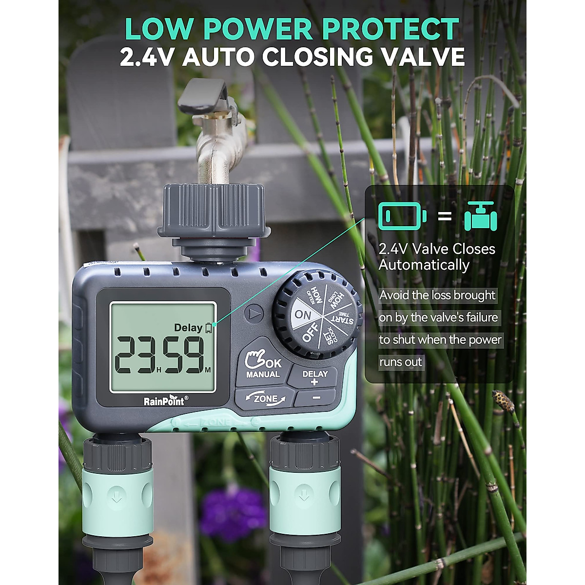 RAINPOINT Water Timer for Garden Hose - 2 Zone Sprinkler Timer with Rain Delay/Manual Watering/Automatic Irrigation Controller System - Water Hose Timer Programmable Faucet Timer for Yard Lawn