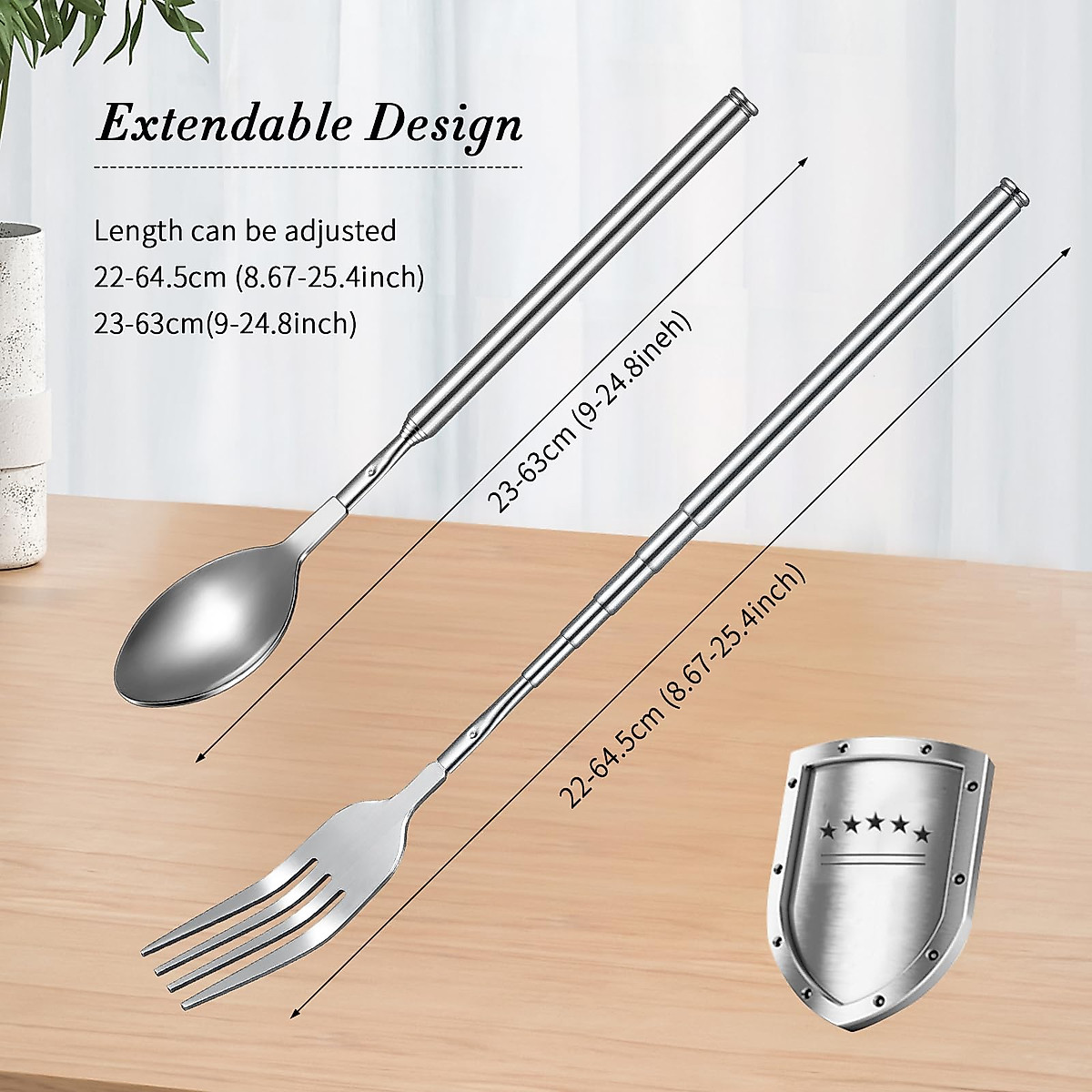 Geetery 2 Pcs Telescopic Spoon Fork Set Extendable Fork Spoon Stainless Steel Dinner Fork Extends to 25 Inch Anti Rust Fruit Dessert Long Handle Fork Spoon Cutlery Set for Barbecue Toasting Dinner