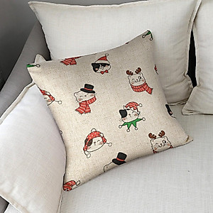 Happy Face Cats Christmas Throw Pillow Covers 18×18 Pillowcases Set of 2 Winter Doodles Linen Decorative Square Pillow Case Cushion Covers Standard Size for Sofa Couch Outdoor Bed Pillow Protectors