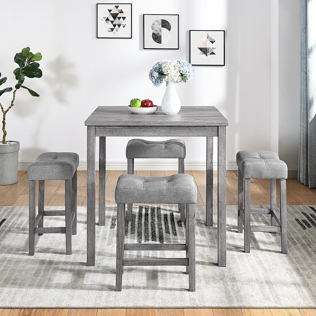 GLANZEND 5 Piece Square, Industrial Breakfast Table + 4 Upholstered Stools, Bistro Dining Set, for Living, Small Apartment, Farmhouse, Game Room, Gray