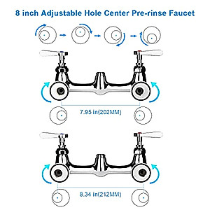 KWODE Wall Mount Commercial Sink Faucet with Pull Down Sprayer 8 Inch Center Pre-Rinse Kitchen Faucet with 21” Height and 8” Add-on Swivel Spout, Brass Constructed, Chrome Finish