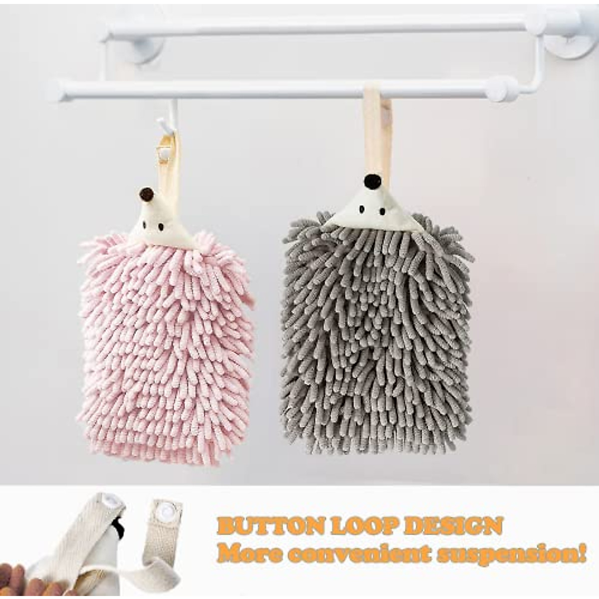 sisiten Chenille Hand Towels for Bathroom 、Kitchen and Bedroom |Hanging Hand Drying Towel with Button Loop | Funny Hedgehog Hand Towel | 4 Packs