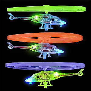 Kicko Flying Light-Up Toy - 2 Pack Ripcord Helicopter for Night Glow, Outdoor Playtime, Novelty, Rocket Flyer, Party Favor and Supply